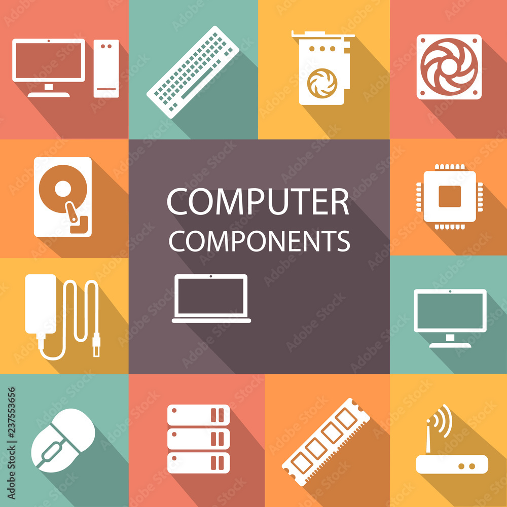 Computer components icon set processor, motherboard, RAM, video card ...