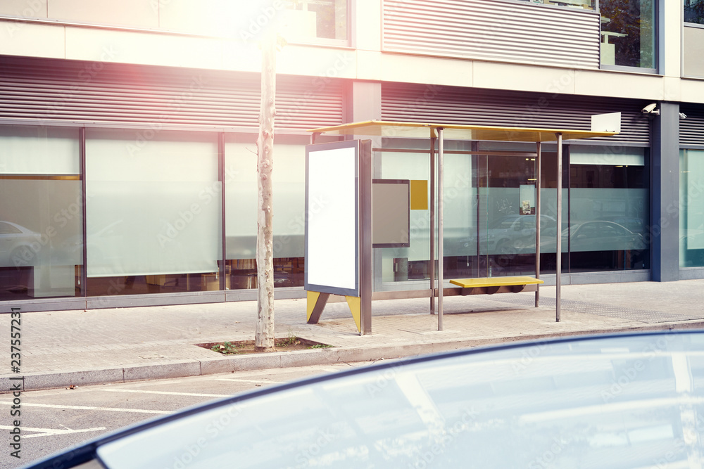 Vertical empty billboard placeholder on the city bus stop, information ...