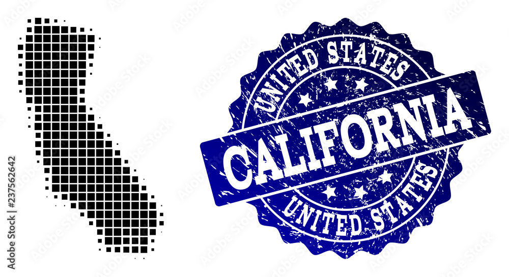 Geographic composition of dot map of California and blue grunge seal ...
