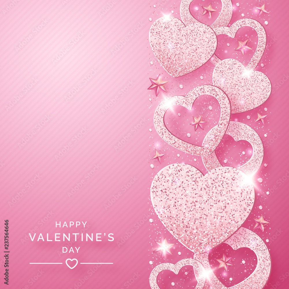 Valentines Day vertical background with shining pink hearts and ...