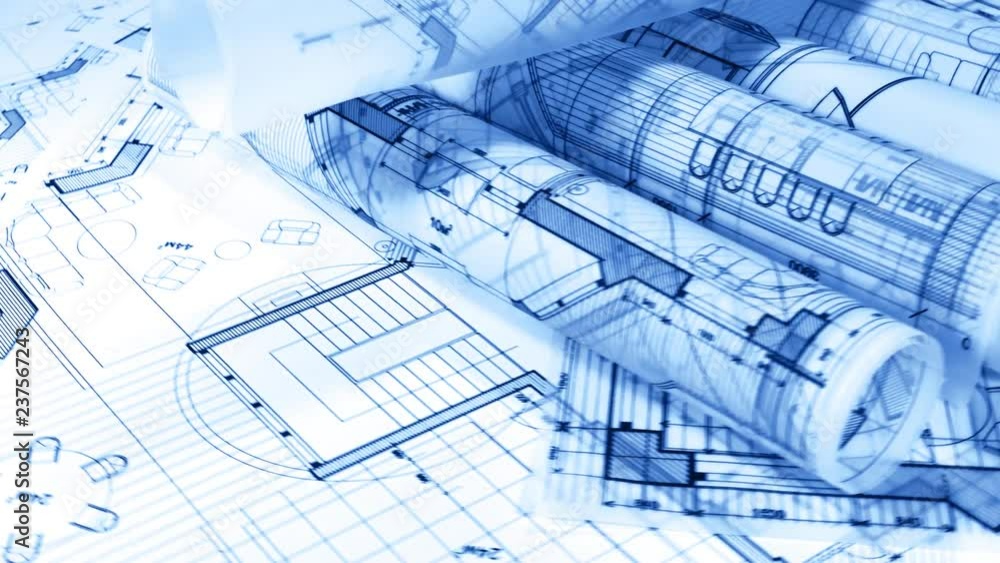Blueprints - rolls of architectural drawings smoothly rotate on the ...