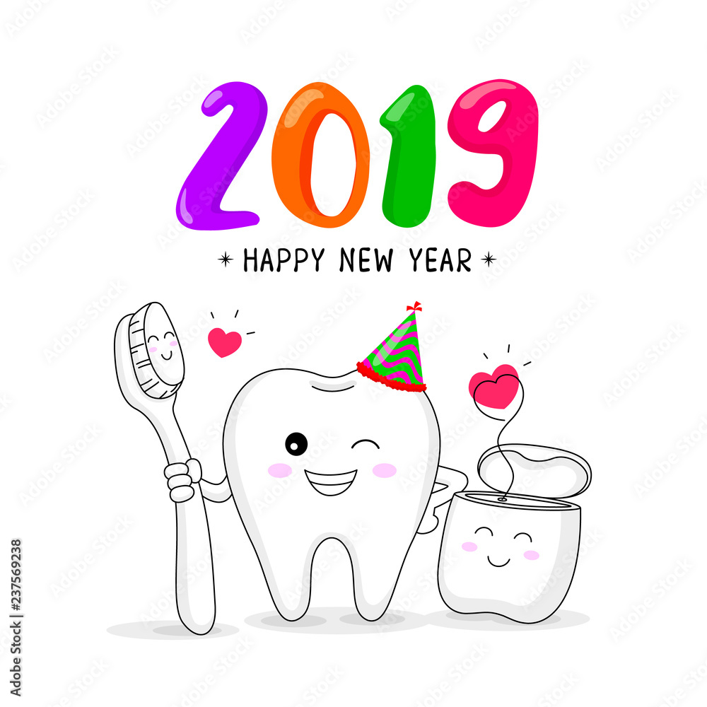 cute cartoon tooth character with toothbrush and dental floss. Happy ...