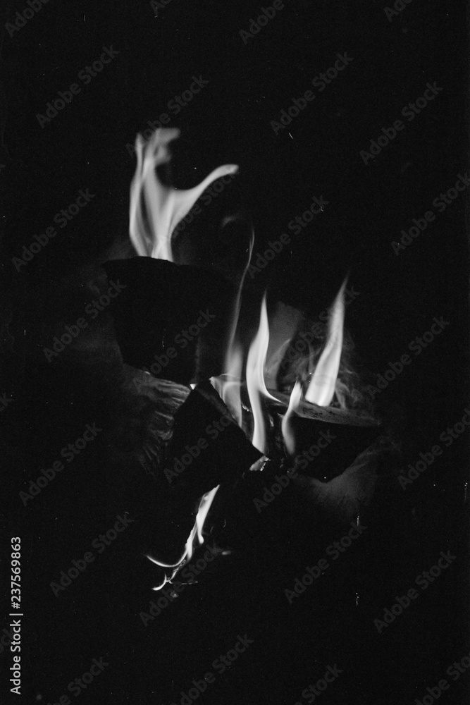 Beautiful flames of fire in night on film. Minimalist evening campfire ...