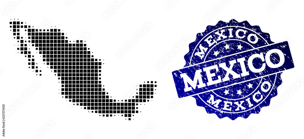 Geographic collage of dot map of Mexico and blue grunge stamp imprint ...