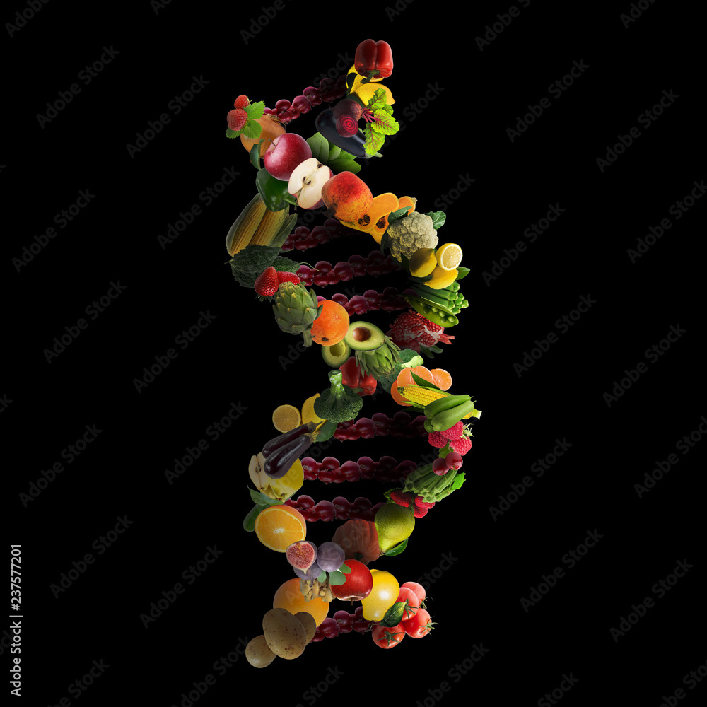 Nutrigenetics concept DNA strand made with healthy fresh vegetables and ...