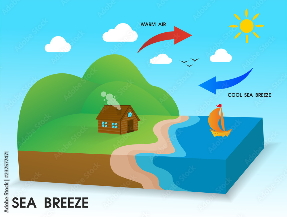 Sea breeze. The cold wind blows from the sea to the coast in the ...