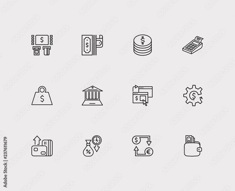 Finance icons set. Online payment and finance icons with bank atm ...