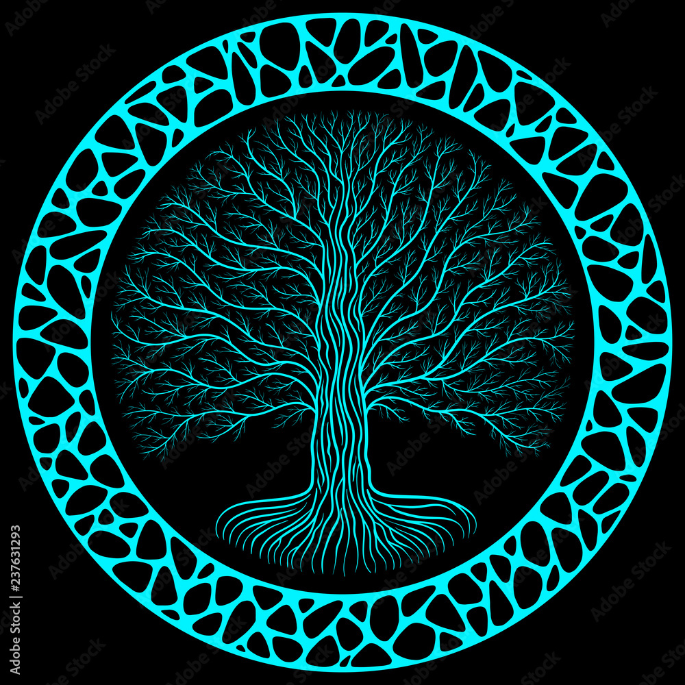 Druidic Yggdrasil tree at night, round silhouette, black and blue logo ...