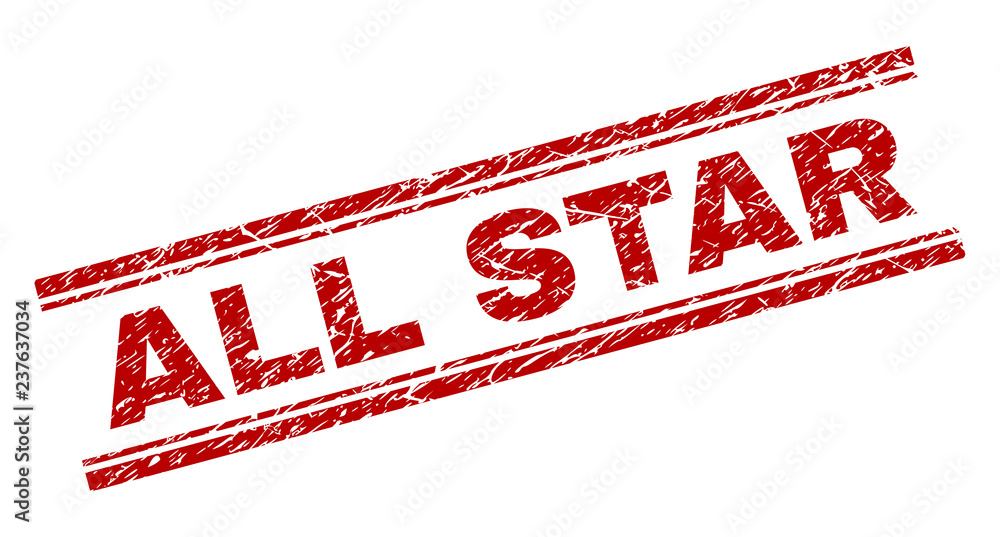 ALL STAR seal watermark with corroded texture. Red vector rubber print ...
