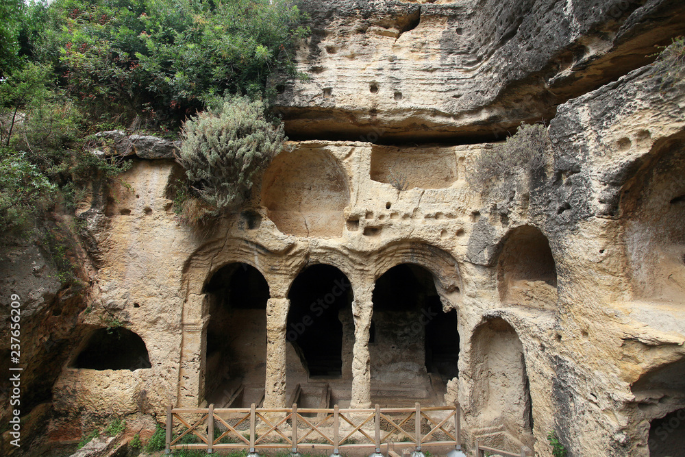 Besikli Cave tomb monument in Antakya (Hatay) Turkey. In tombs, 12 rock ...