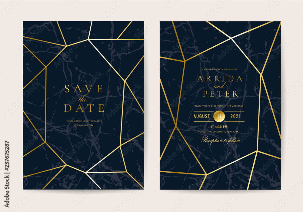 Wedding invitation cards with marble texture background and gold ...
