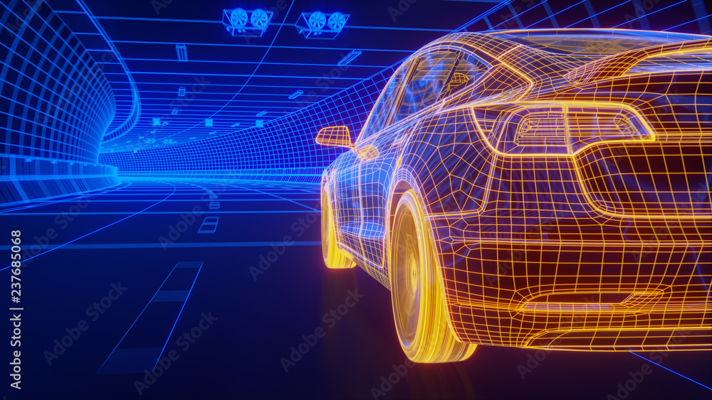 Yellow wireframe Modern Electric car rides through Blue tunnel 3d ...