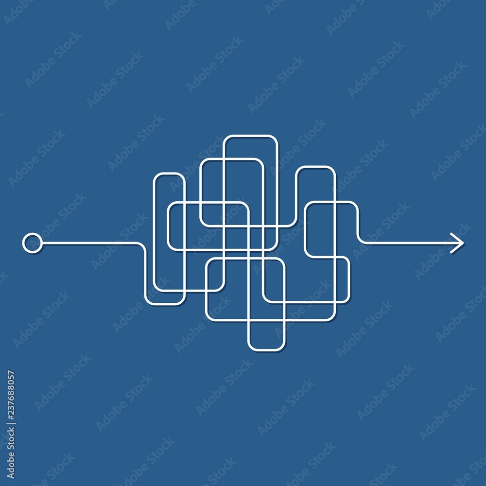 Insane messy line, complicated clew way on blue background. Tangled ...