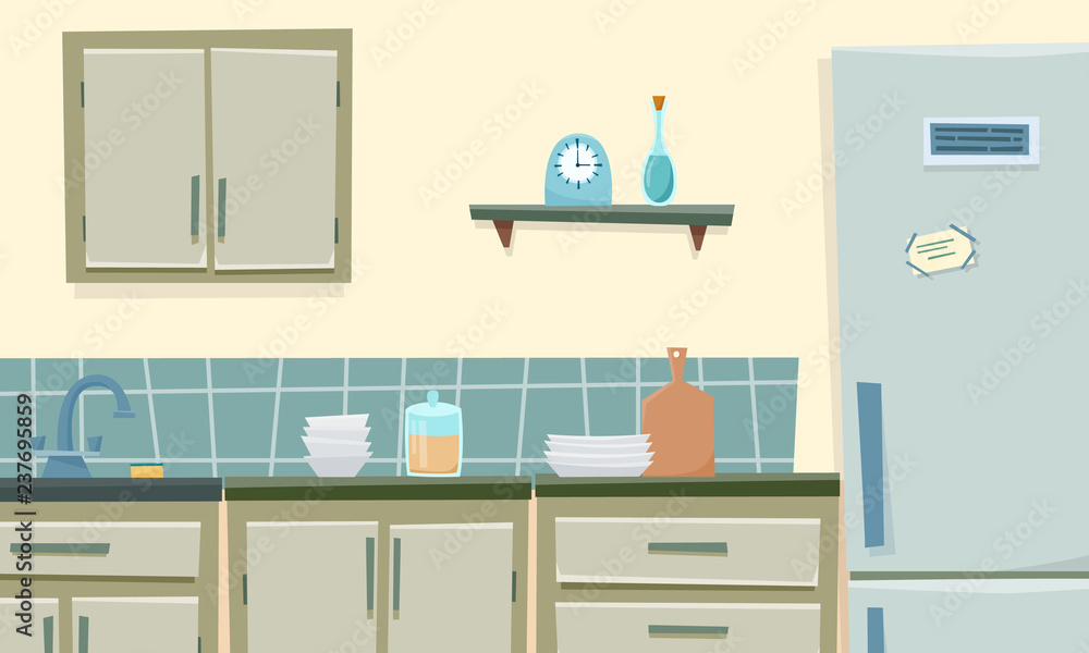 Kitchen interior with furniture and fridge. Flat cartoon style Stock ...