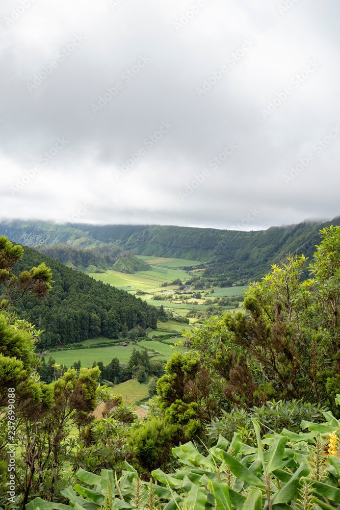 Portrait view of a small part of the massive Sete Cidades caldera in ...