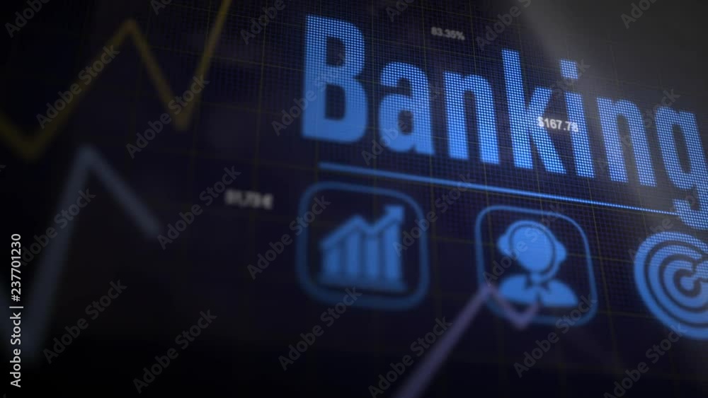 Banking business concept on a flashing computer monitor with moving ...