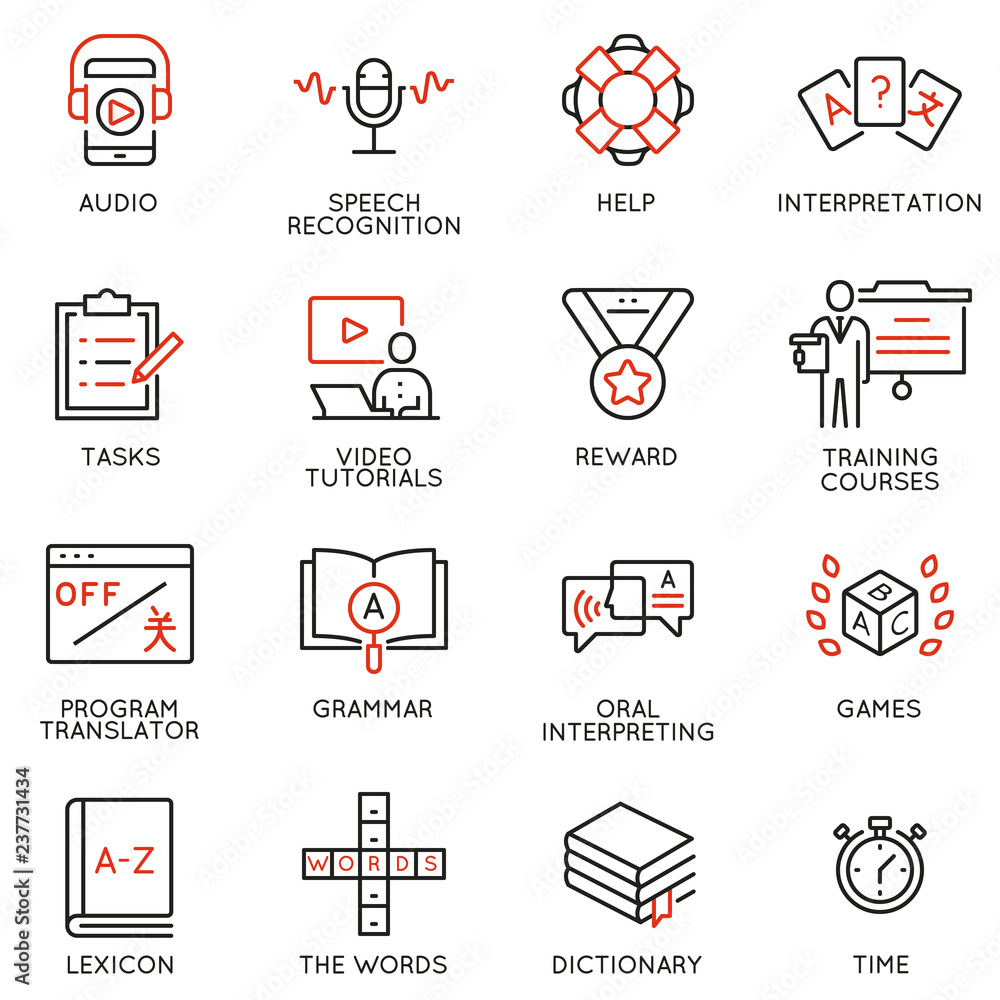 Vector set of linear icons related to language translation, studying ...