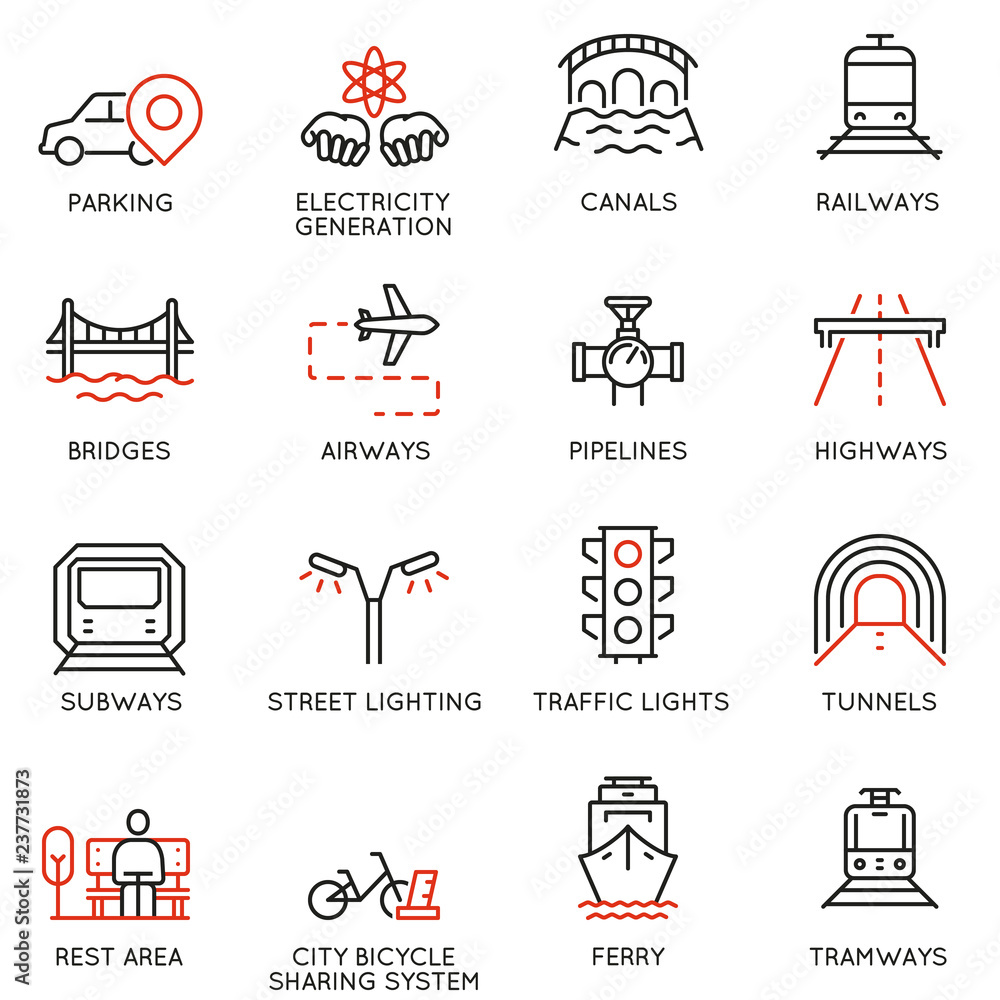 Vector set of thin linear 16 icons related to facility management ...