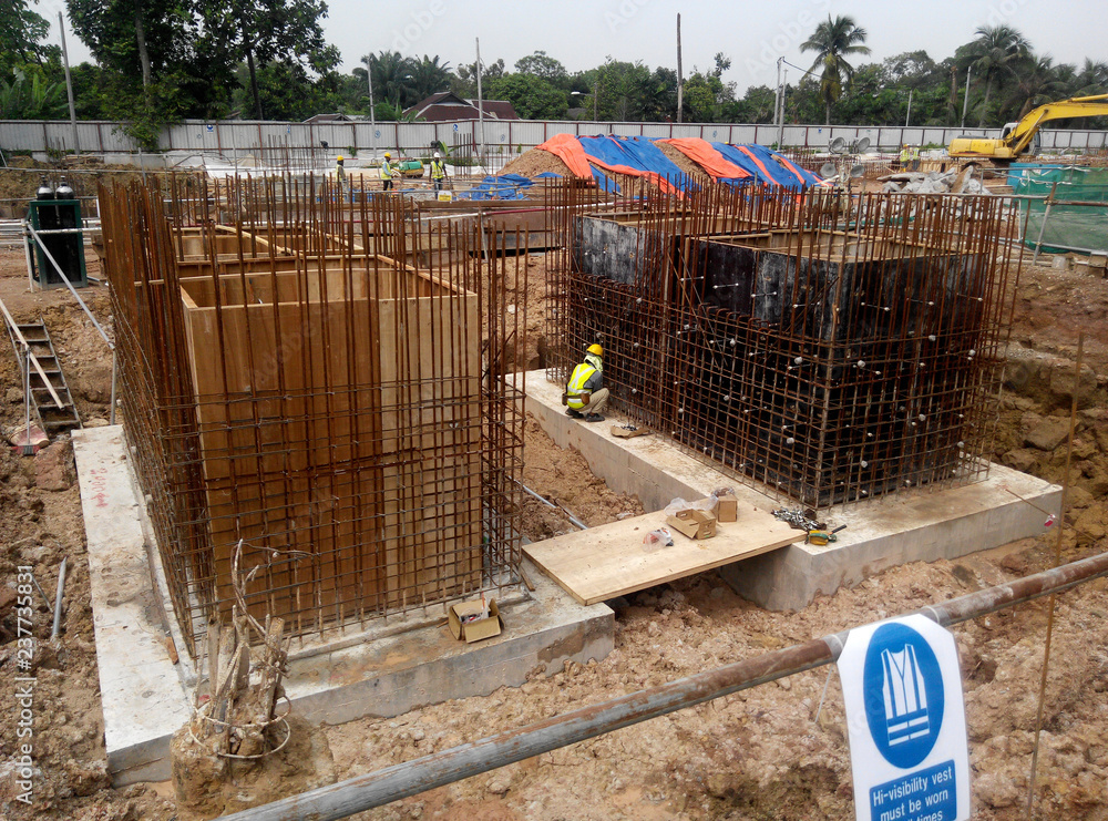 Pile cap reinforcement bar fabricated by construction workers at the ...