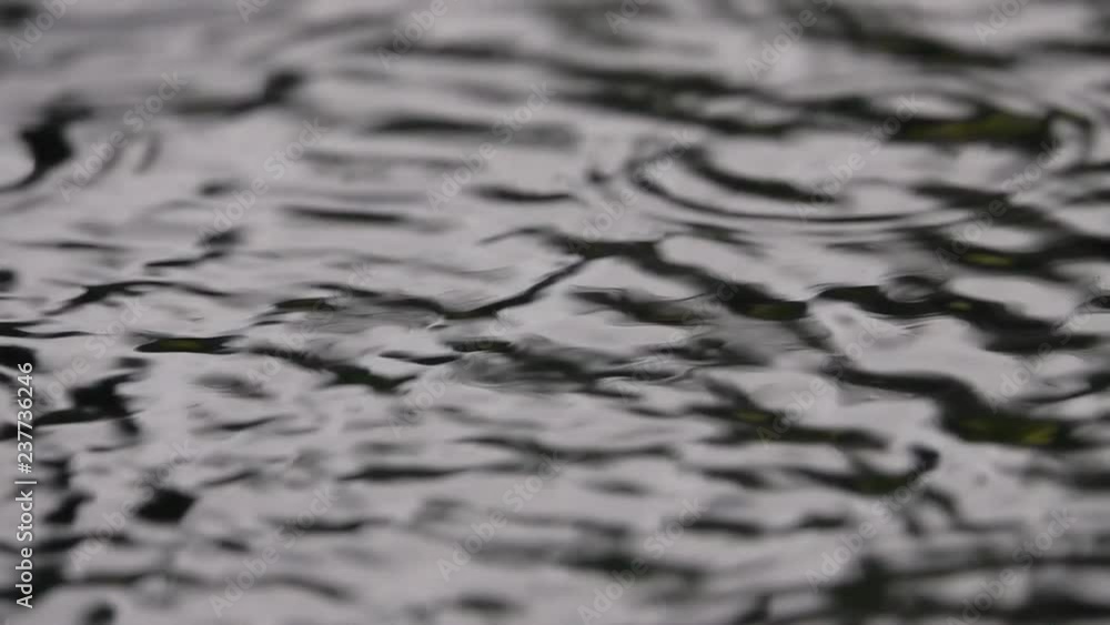 Slow motion of light rain on waving water surface close up with shallow ...