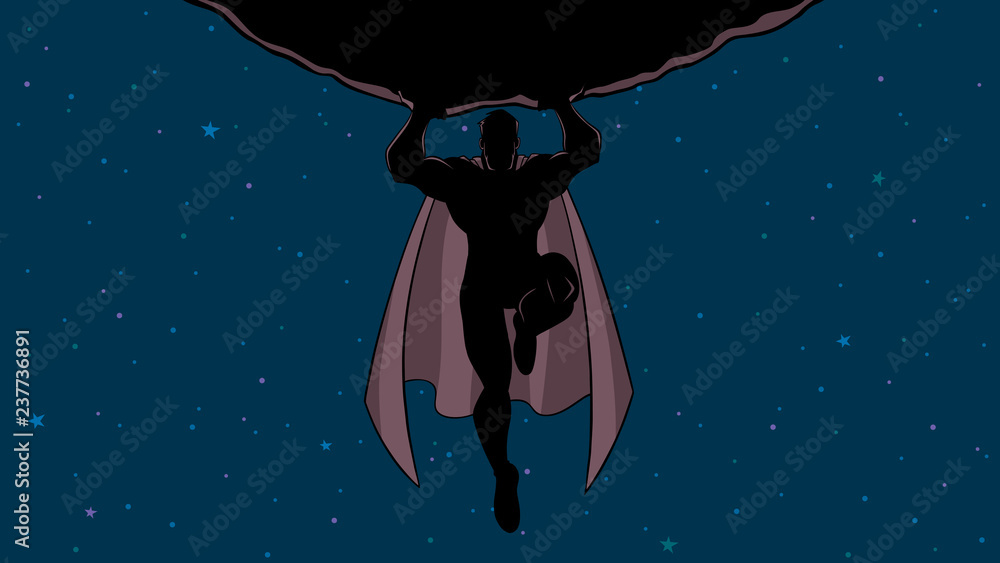 Comic style Illustration of powerful and brave superhero holding huge ...