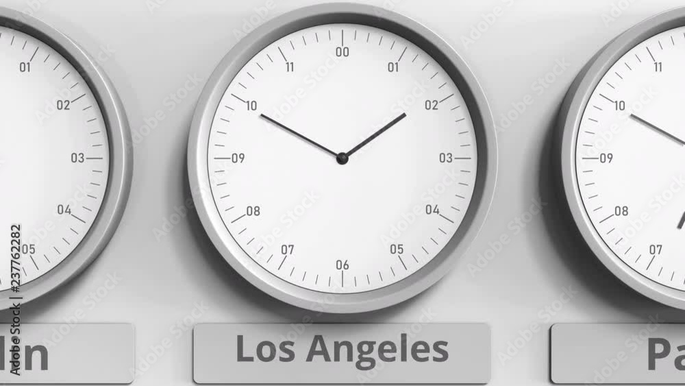 Round clock showing Los Angeles, USA time within world time zones. 3D ...