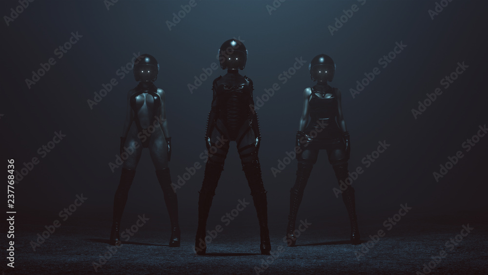 3 Sexy Biker Demon Woman in Leather Boots and Crash Helmets in a foggy ...