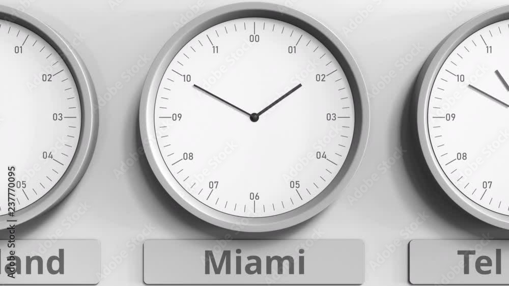 Round clock showing Miami, USA time within world time zones. 3D ...