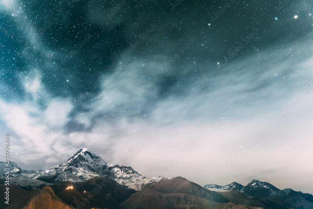 Stepantsminda, Georgia. Real Night Starry Sky With Glowing Stars Stock ...