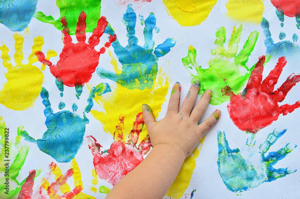 Multicolor handprint of little girl on the white background Stock Photo ...