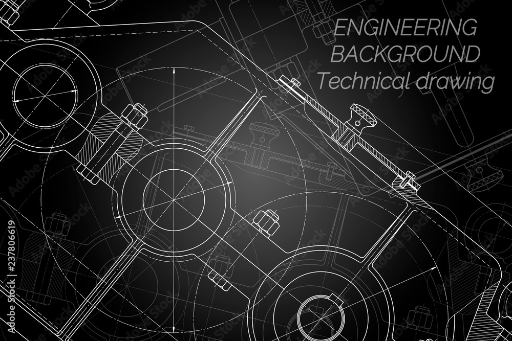 Mechanical engineering drawings on black background. Reducer. Technical ...
