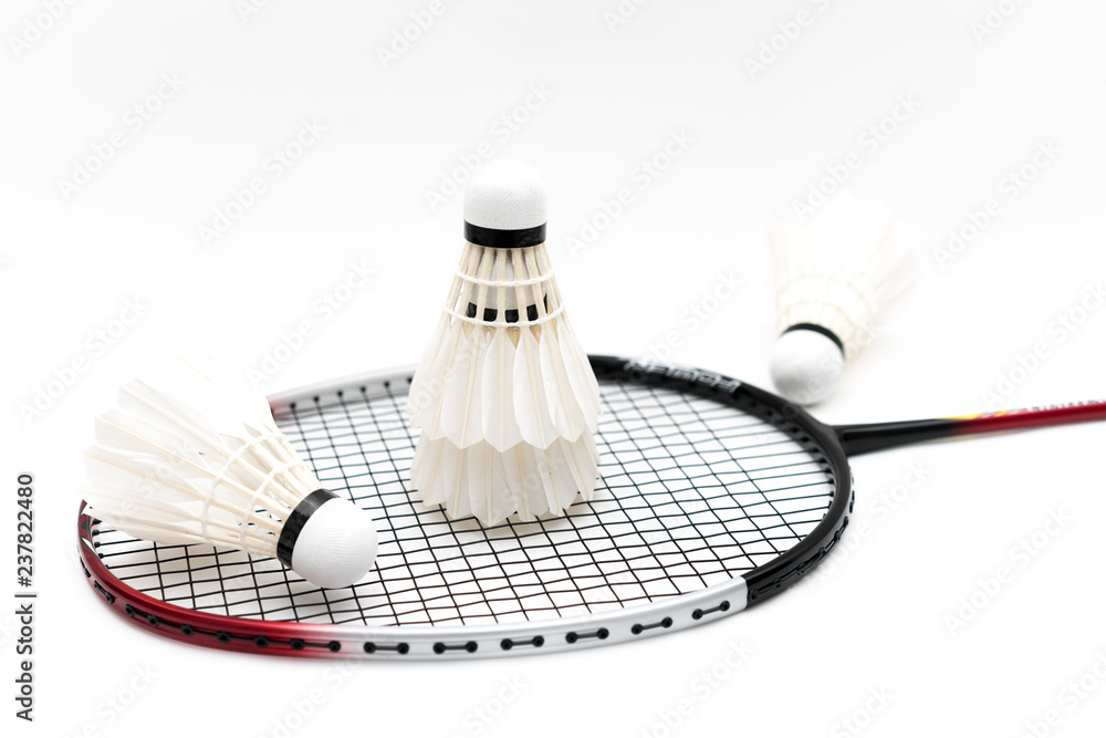 White background image of badminton and racket Stock Photo | Adobe Stock