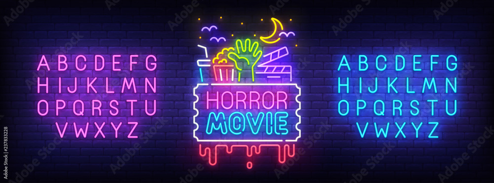 Horror movie neon sign, bright signboard, light banner. Night Cinema ...