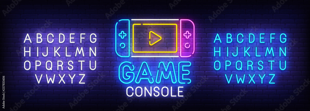 Game console neon sign, bright signboard, light banner. Game logo. Neon ...