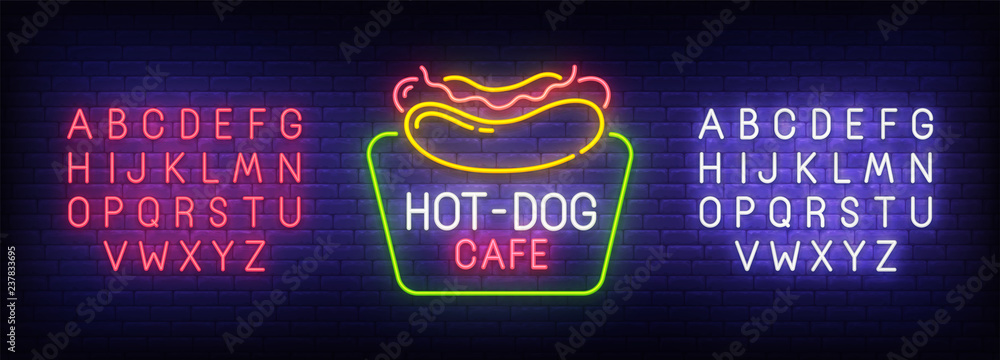 Hot Dog neon sign, bright signboard, light banner. Fast Food logo. Neon ...