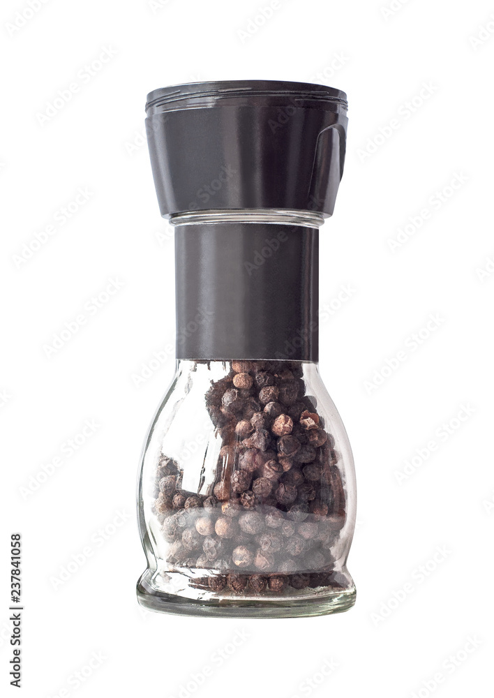 Pepper shaker or mill with black pepper corns. Flavoring isolated on ...