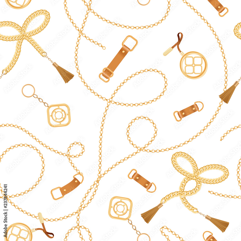 Fashion Seamless Pattern with Golden Chains and Straps. Chain, Braid ...