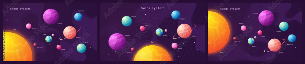 The Solar system. Set of colorful cartoon infographic background Stock ...