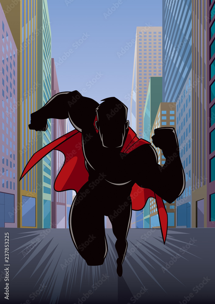 Cartoon illustration of powerful and muscular superhero running fast ...