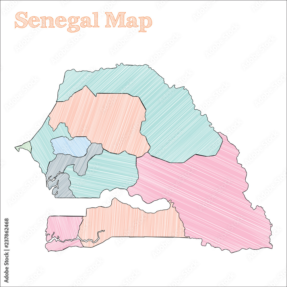 Senegal hand-drawn map. Colourful sketchy country outline. Bewitching ...