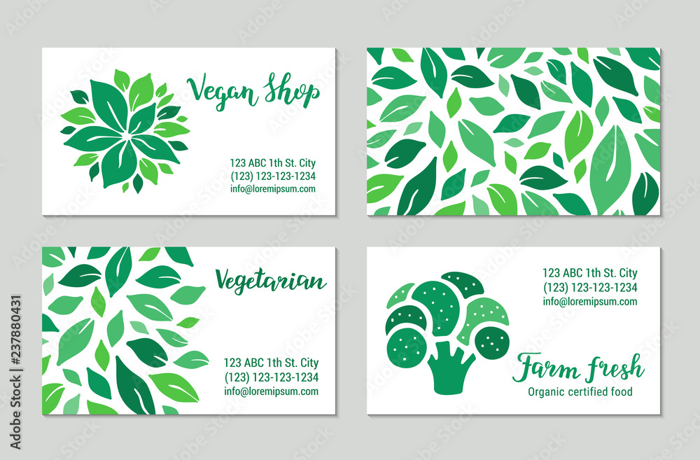 Green visit cards with salad leaves pattern and broccoli. Vegan shop ...