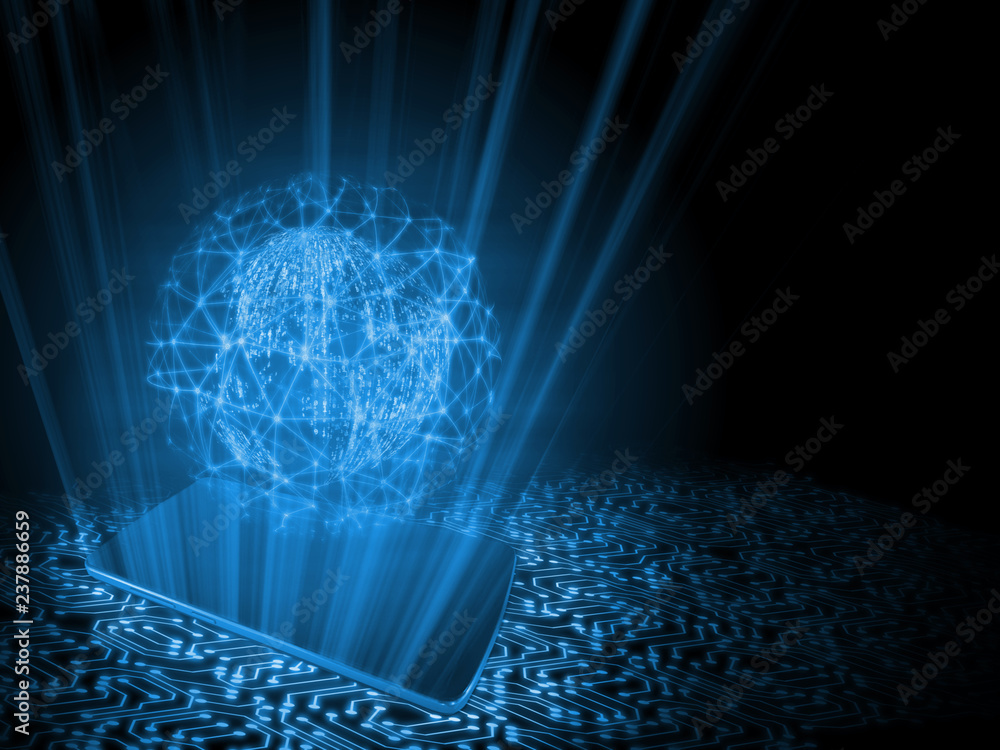 2D illustration concept of Mobile phone technology driven world. Globe ...