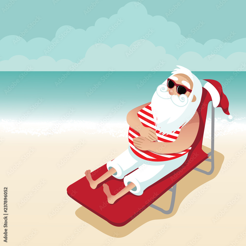 Cartoon illustration of relaxed Santa Claus in his beach getup lying in ...