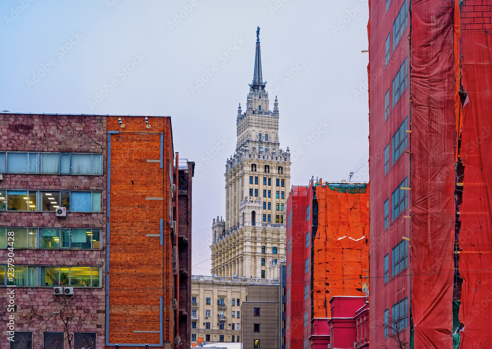 Garden Ring avenue by the Red Gates area. Gray building of Russian ...