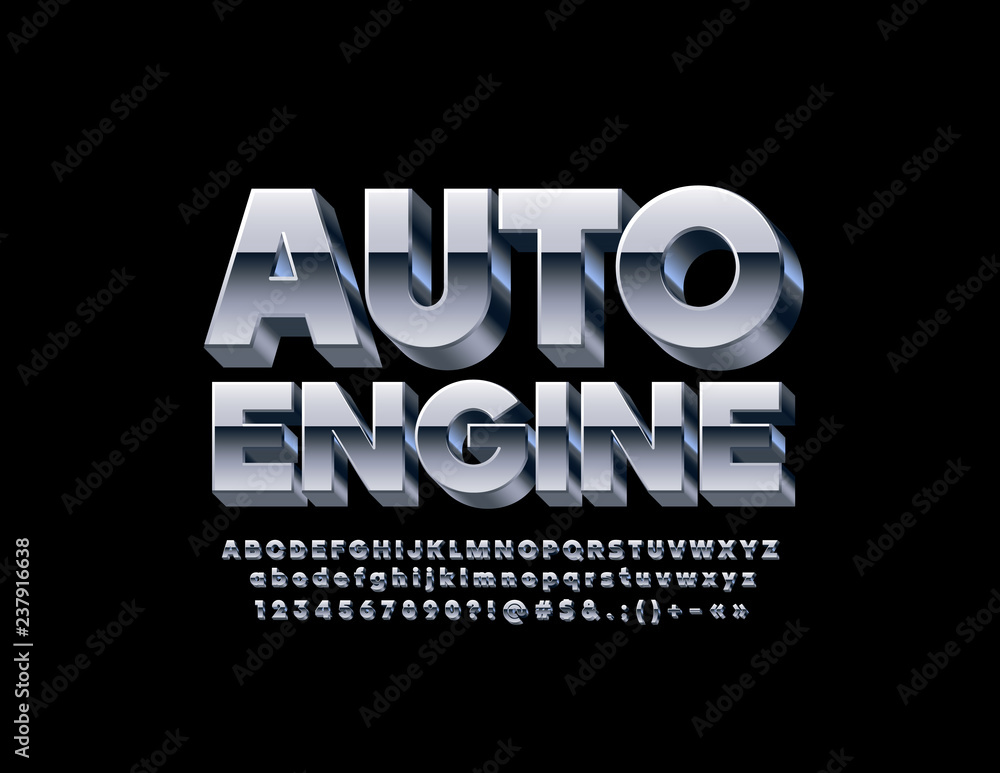 Vector industrial Sign Auto Engine with 3D metallic Font. Bright Silver ...