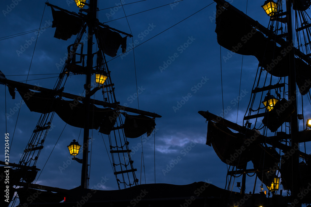 medieval old wooden ship dark mast and sails silhouette at night ...