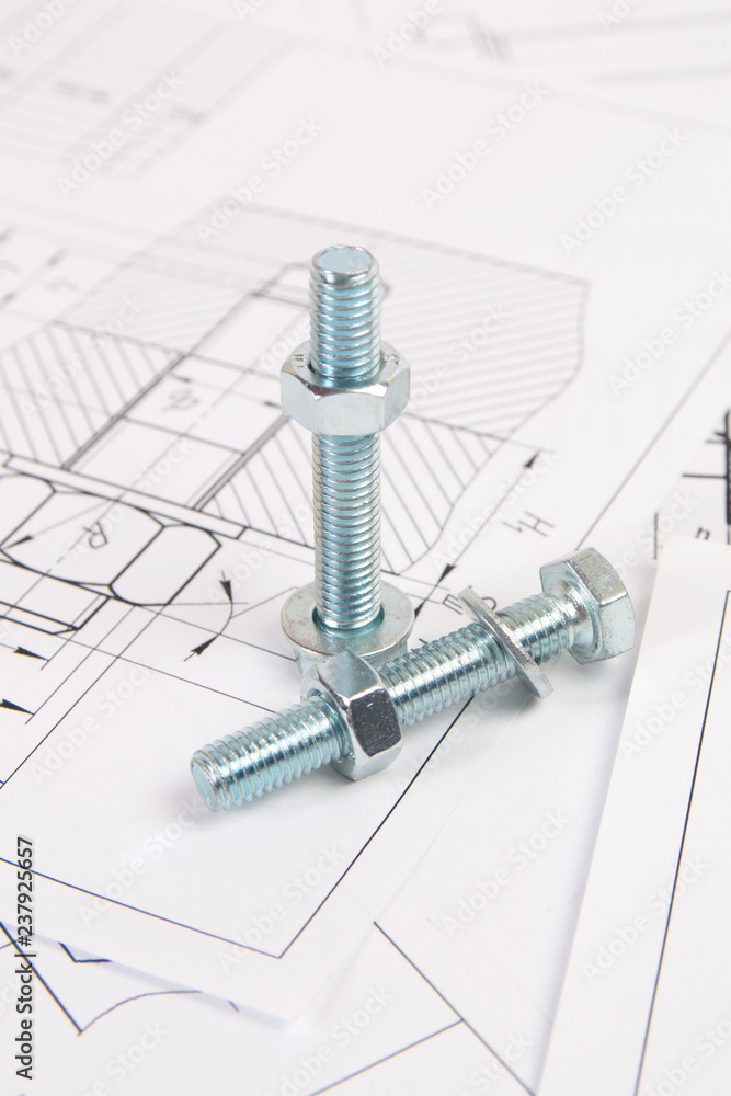 Technical drawings of bolt and nut. Engineering, technology and metalworking. Metal bolt and nut ...