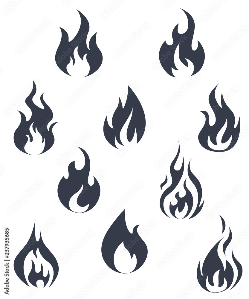 Fire Flames. Set Flat black pictogram. Burn vector graphic. Ignite ...