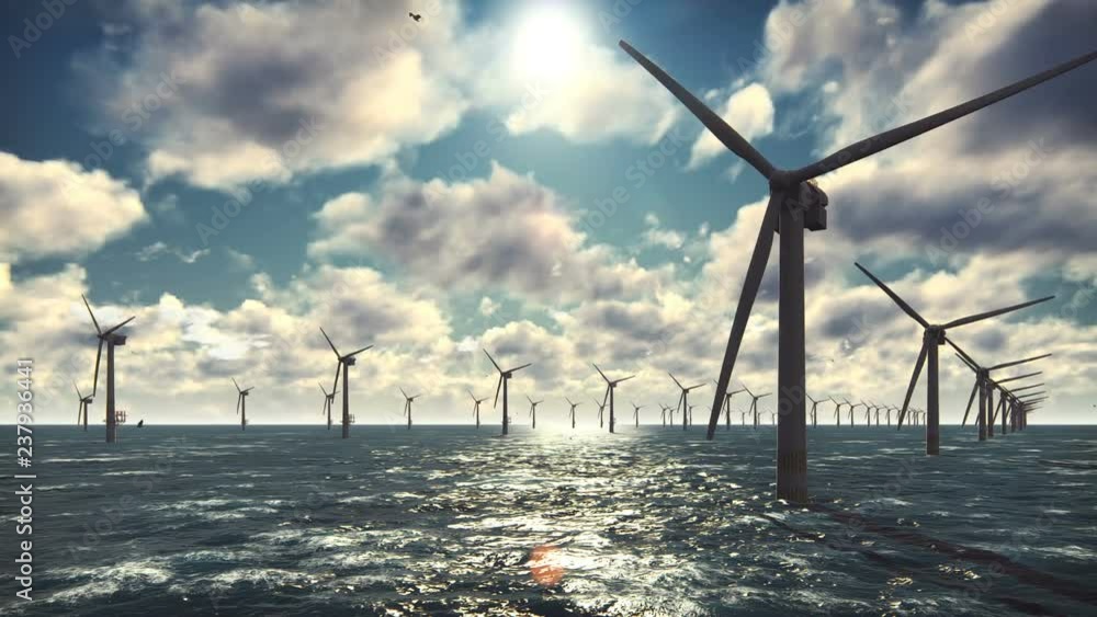 Offshore windmill farm in the ocean, windmills isolated in the ocean on ...