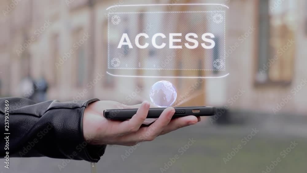 Male hands show on smartphone conceptual HUD hologram Access. Man with ...